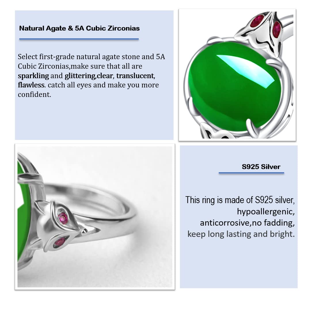 MYLYAHY S925 Sterling Silver Natural Solid Onyx Stone Ring for Women,Cubic Zirconia Eyes Fox/Flower Engraved Agate Stone Rings for Women,Adjustable Handmade Women Turkish Ring Jewelry (Fox_B)
