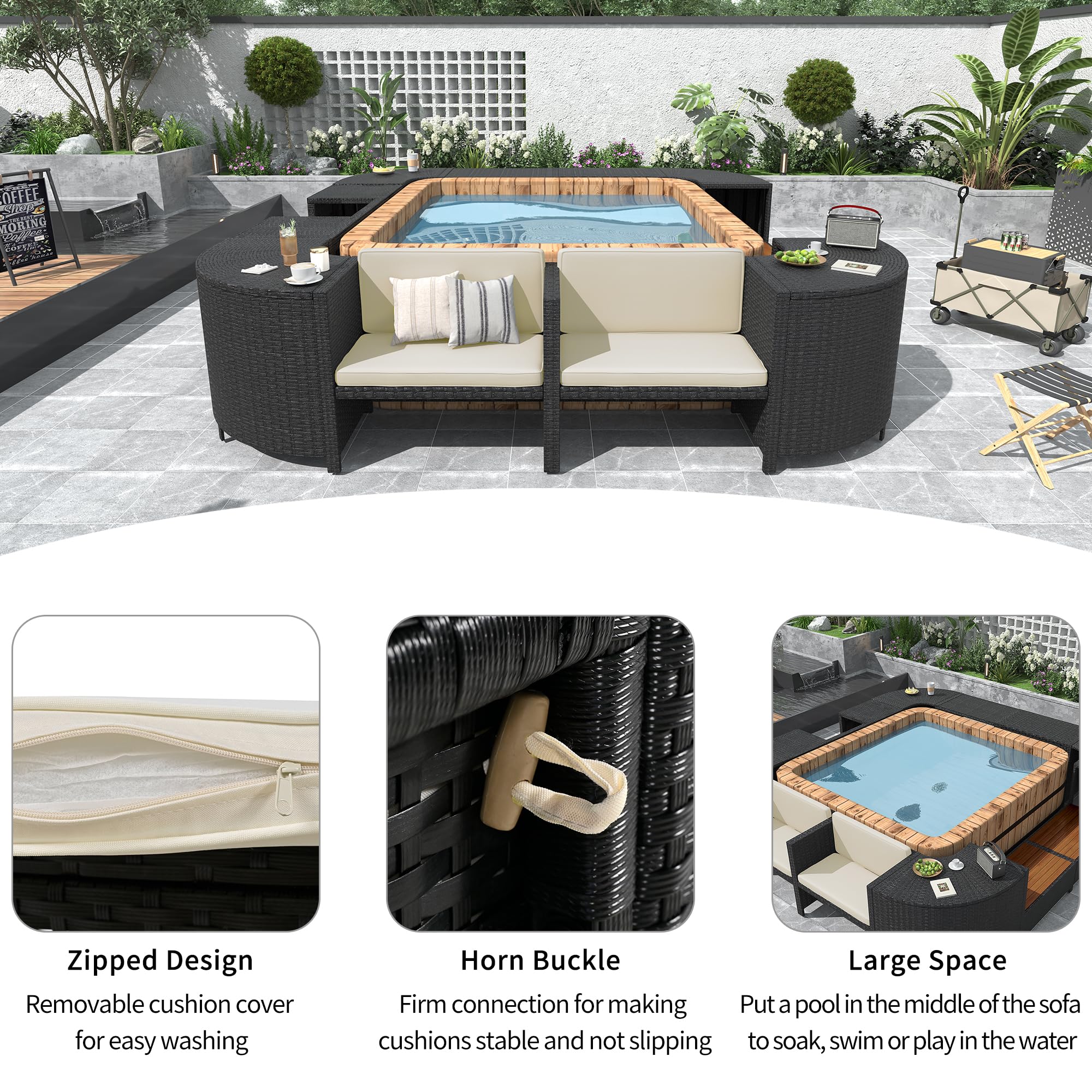 UD.houselife Spa Surround Spa Frame Quadrilateral Outdoor Rattan Sectional Sofa Set with Mini Sofa,Wooden Seats and Storage Spaces (Beige)