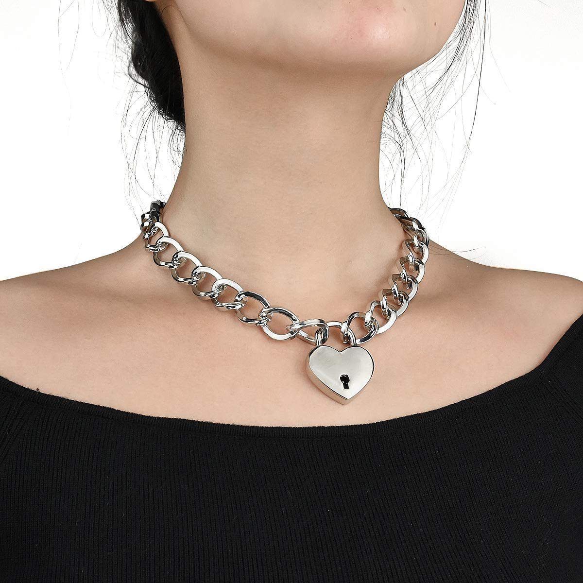Lover Heart Padlock Necklace, Choker Necklaces for Women with Lock and Key, Metal Padlock Choker Pendant 18in