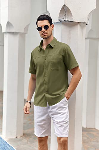 Makkrom Men's Casual Linen Button Down Shirt Guayabera Short Sleeve Summer Beach Shirt Army Green