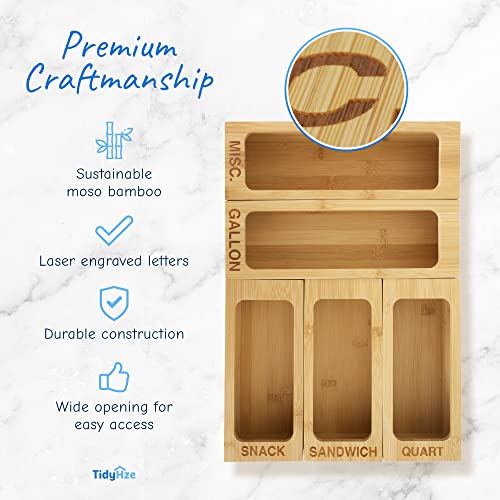 TidyHze Bamboo Ziplock Bag Organizer for Drawer, Baggie Holder, Food Storage Bag Organizer, Sandwich Bag Holders, Housewarming, Registry Wedding Registry, Premium Bamboo, Set of 5