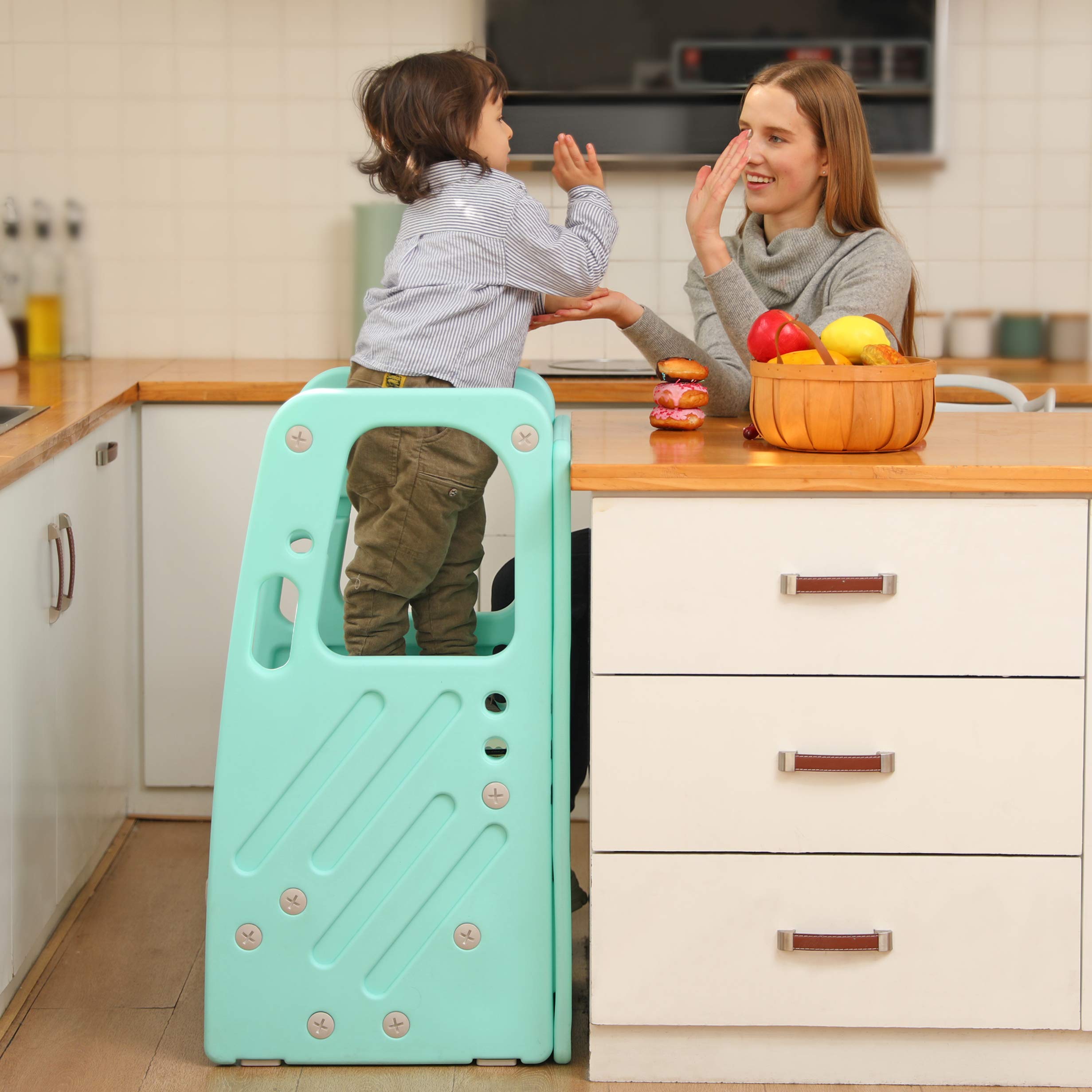 Little Helper Kitchen Step Stool - SafeStep Toddler Kitchen Stool with 3 Adjustable Height, Dual Safety Rails, Non-Slip Feet Pads (White)