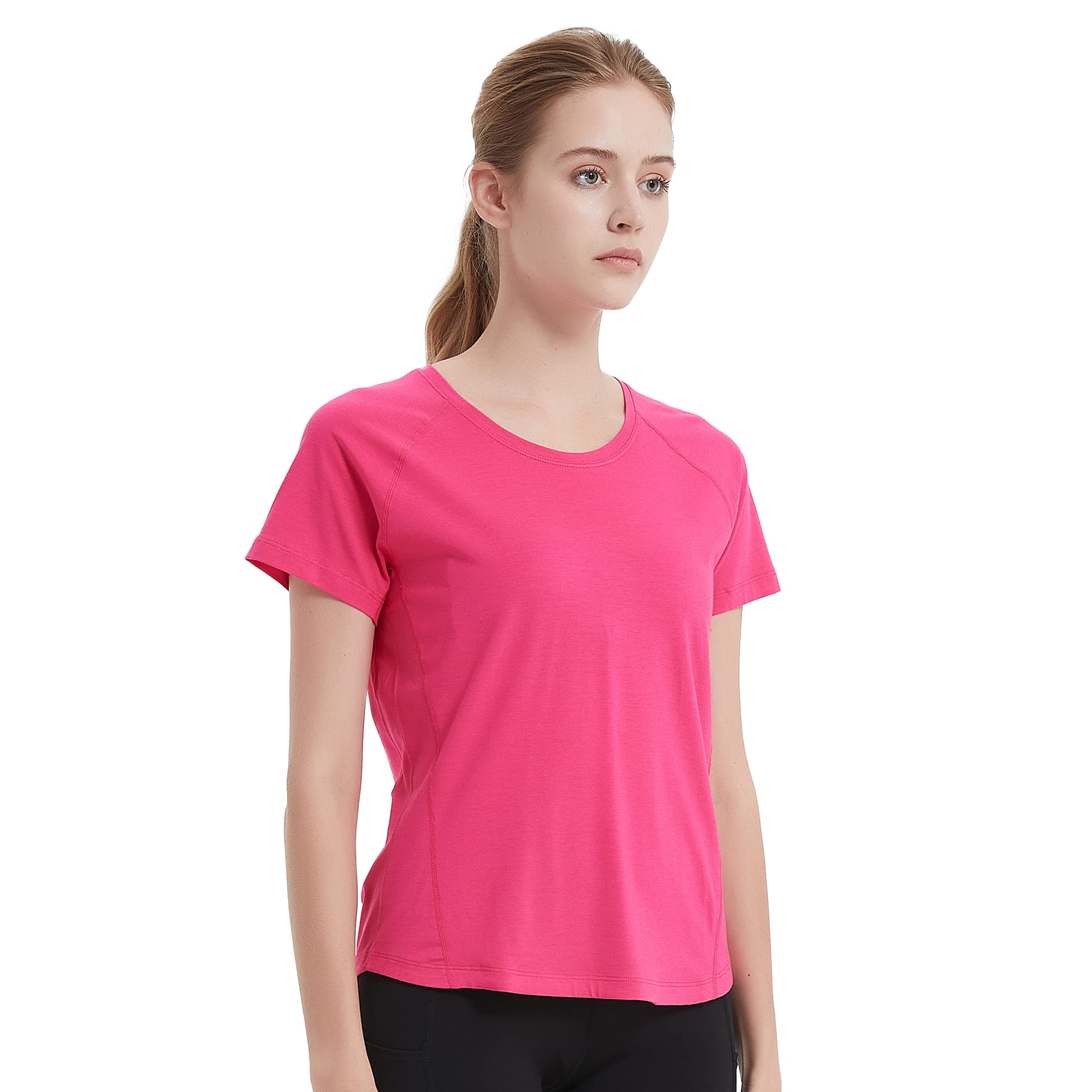 netdraw Women's Ultra-Soft Bamboo Workout T-Shirt Seamless Yoga Running Gym Athletic Casual Short Sleeve Tops(Rose Red, Medium)