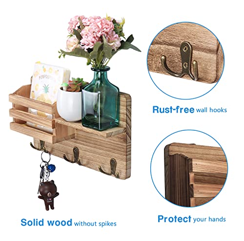 TocTen Key Hooks, Solid Wooden Key Holder for Wall Decorative, Wall Mounted Keys and Mail Organizer with 3 Metal Key Rack, Mail Organizer for Entryway, Front Door, Hallway (Light Brown)