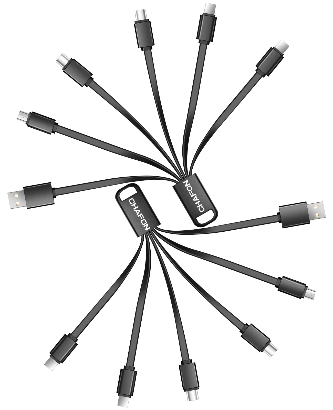 Multi Charging Cable Short, 2Pack 6 in 1 Multiple USB Fast Charger Cord Adapter Type C Micro USB Port Connectors Compatible with Cell Phones/Tablets/Portable Charger (Black)