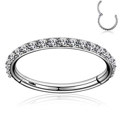 OUFER 18G Titanium Nose Rings Hoops, Solid G23 Titanium Nose Pierciings, with Clear CZ Paved Conch Earrings, Daith Helix Piercing Jewelry for Women and Men-Silver 18G 6MM