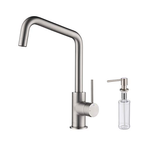 KIBI Macon Single Handle Bar Faucet or Prep Kitchen Sink Faucet | Solid Brass High Arc Faucet Spout | Sink Faucet with 360 Degree Swivel Spout (Brushed Nickel) (KKF2012) (Soap Dispenser included)