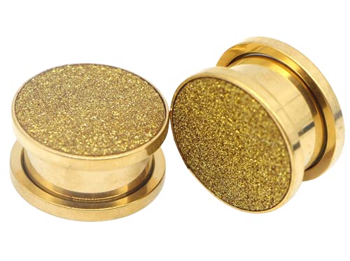 Pierced Republic Gold Glitter Front Ear Gauges - Pair of Stainless Steel Screw-On Plugs - 10 Size Options (2 Gauge (6mm))