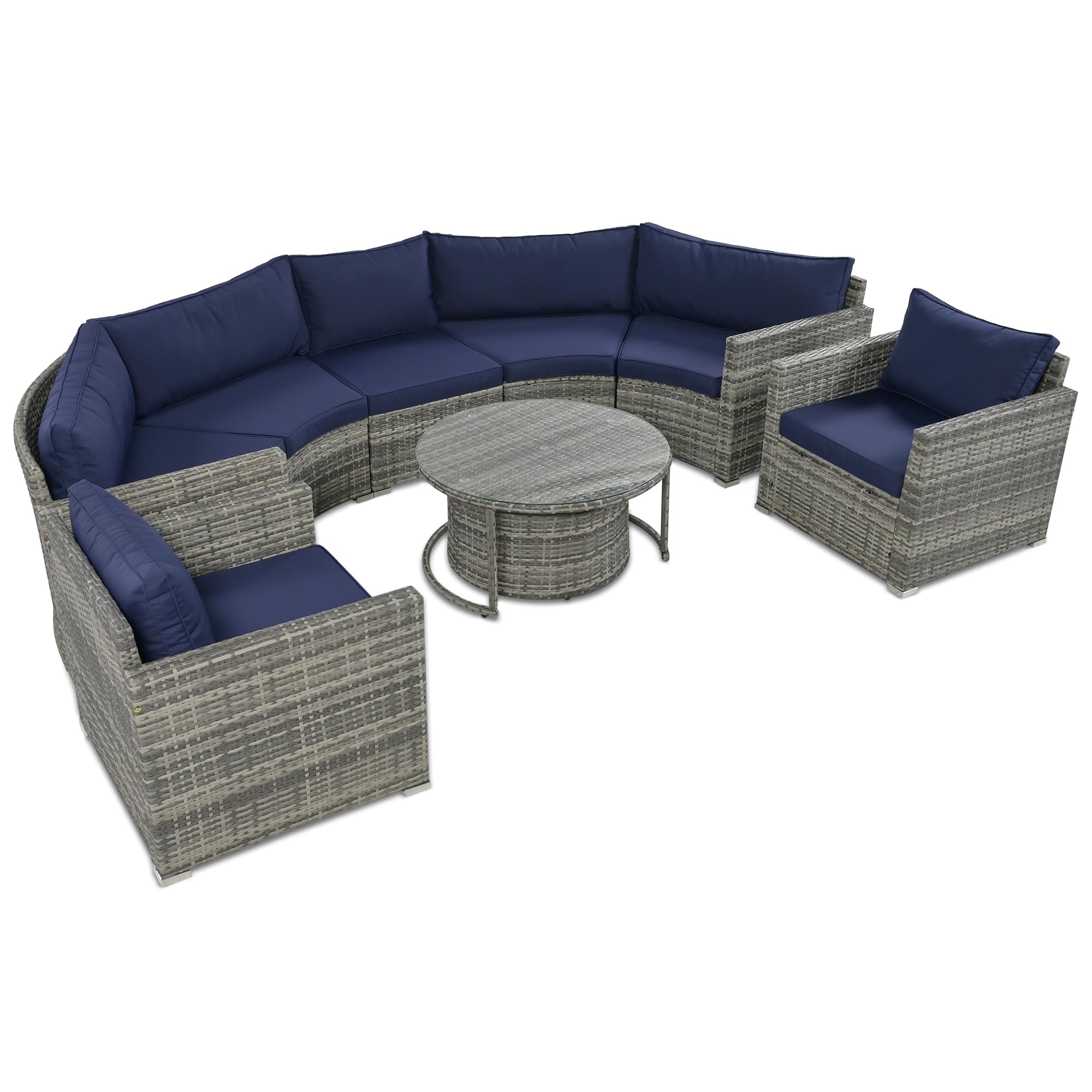 YSWH 9-Piece Outdoor Patio Half Moon Furniture Set, Free Combination Sofa Set Sectional Conversation Set, Rattan Wicker Half Moon Sofa Set with Free Overlapping Round Table