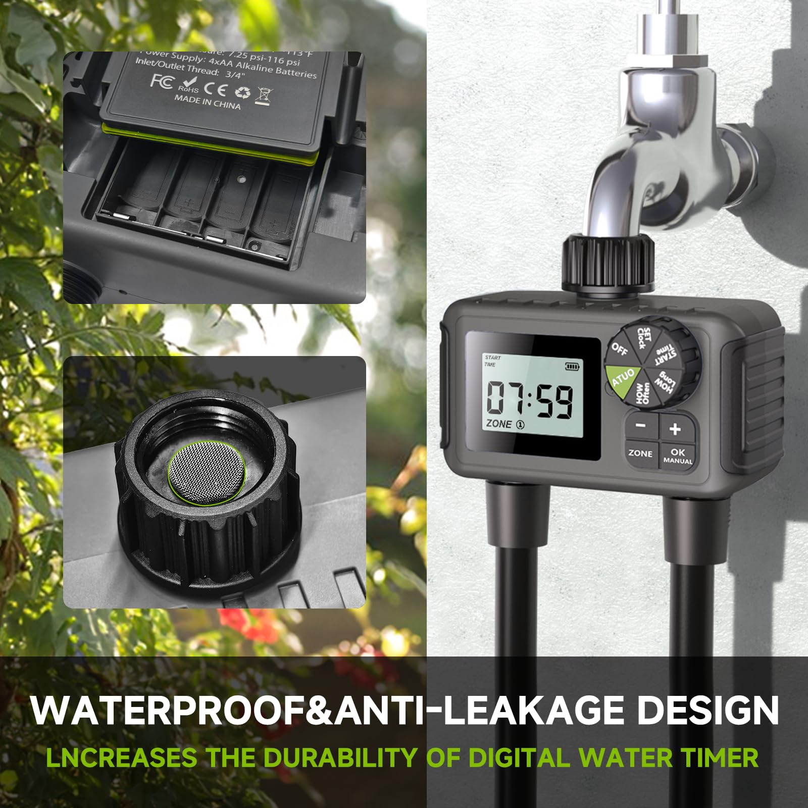 Sprinkler Timer for Garden Hose,2 Zone Water Timer for Garden with Rain Delay Faction,Manual/Automatic Irrigation Water Faucet Timer Outdoor, Programmable Sprinkler Timer for Yard Lawn