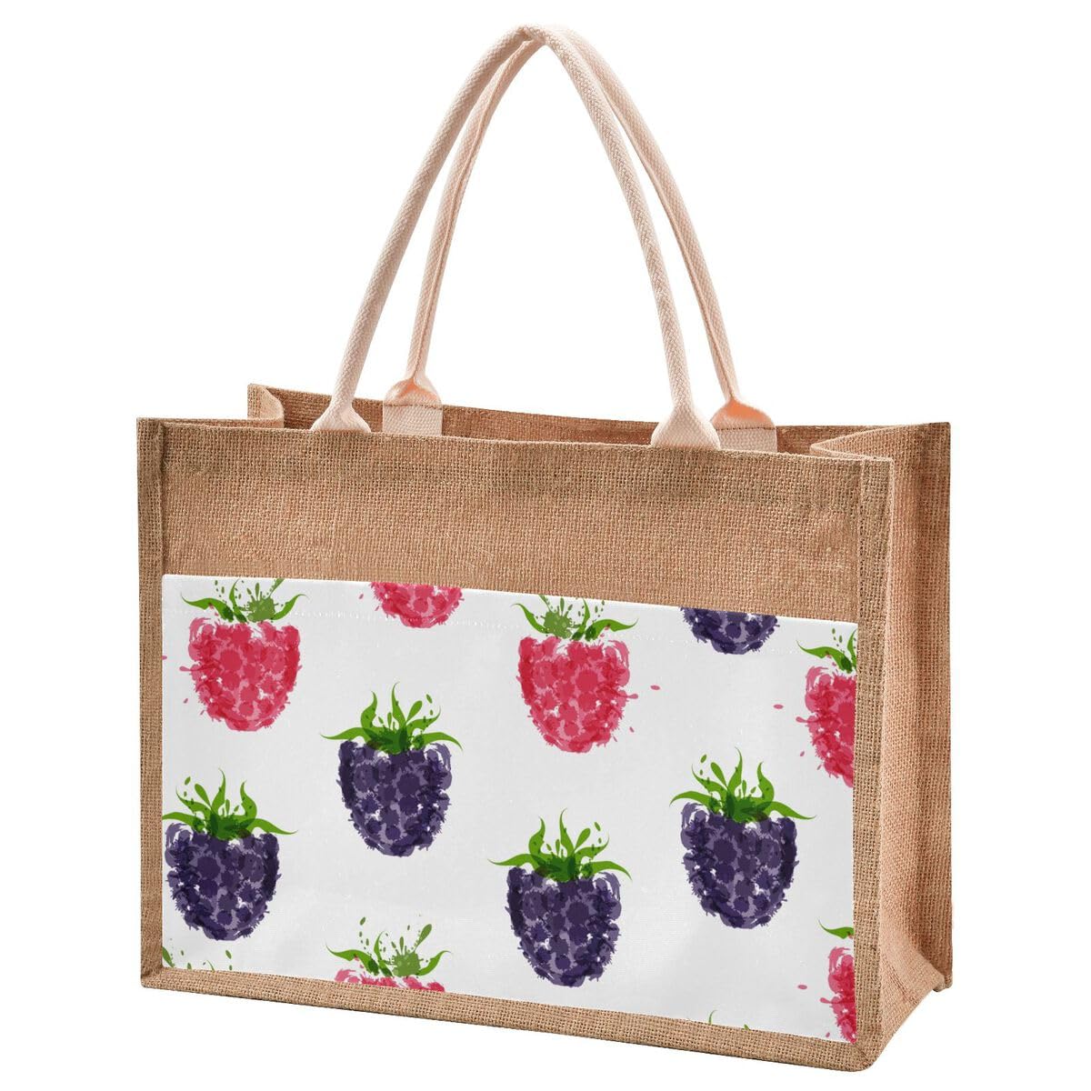 Jute Burlap Tote Berry Fruit Watercolor White Large Beach Bag Reusable Grocery Shopping Storage Bag