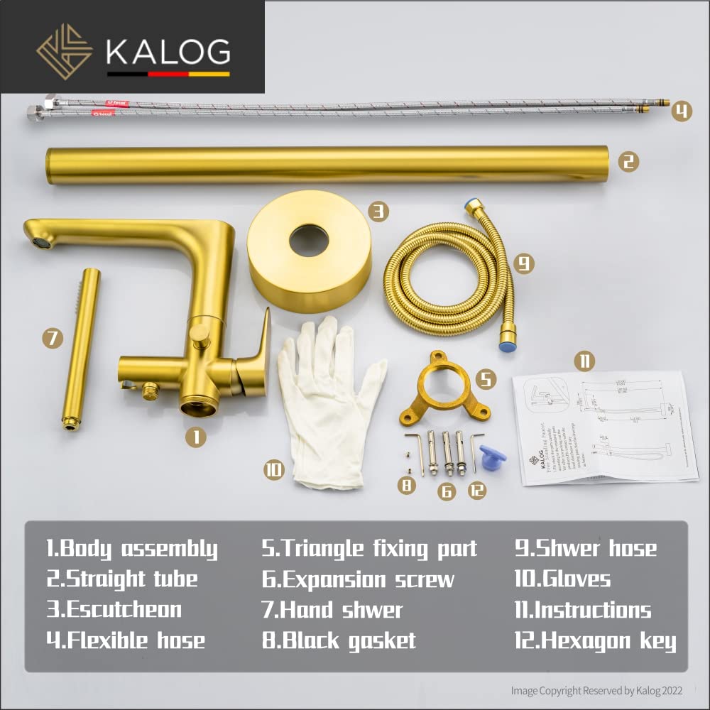 Kalog Single Handle Freestanding Tub Filler Floor Mount Bathtub Faucet with Handheld Shower (Brushed Gold-B)