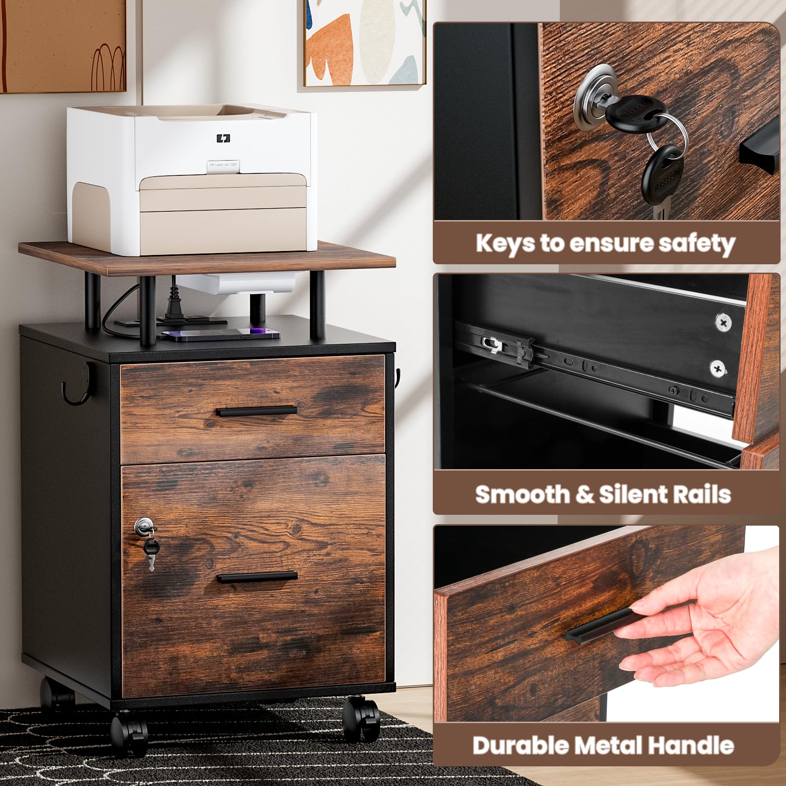 Naice File Cabinet with Lock & Charging Station, Vertical Filing Cabinet with 2 Drawers, Rolling File Cabinet for Home Office Printer Stand, Enlarged Wheels, Letter/A4 Size Hanging File Folders