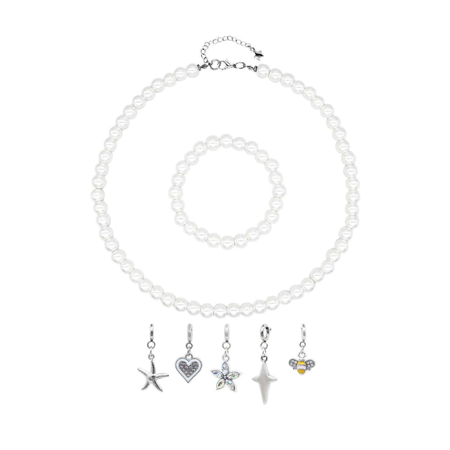 JSEA 8mm Faux Pearl Necklace Elastic Bracelet Jewelry Set Beige White Pink Fake Pearl Jewelry
