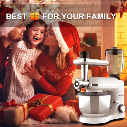 Nurxiovo Kitchen Stand Mixer, Multifunctional 3 in 1 Food Mixer Tilt-Head 850W Dough Machine with 6-1/2 Qt Stainless Steel Bowl, Hook, Whisk, Beater, Meat Blender and Juicer, White