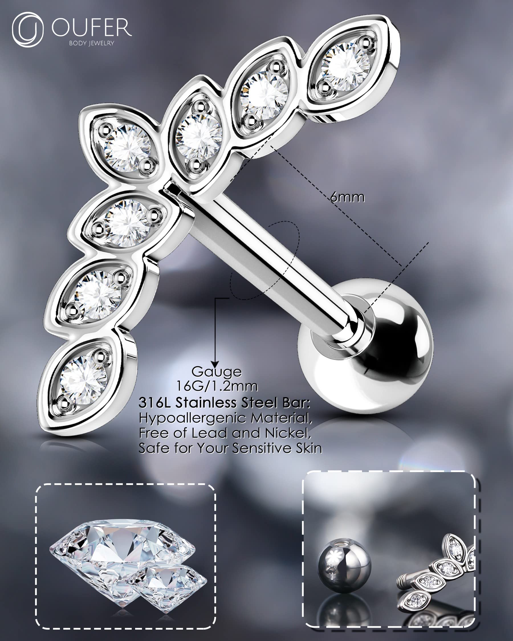 OUFER Cartilage Earring Stud, 316L Surgical Steel Helix Earrings, Shiny Clear CZ Tragus Piercing Jewelry, Forward Helix Conch Daith Piercing Jewelry