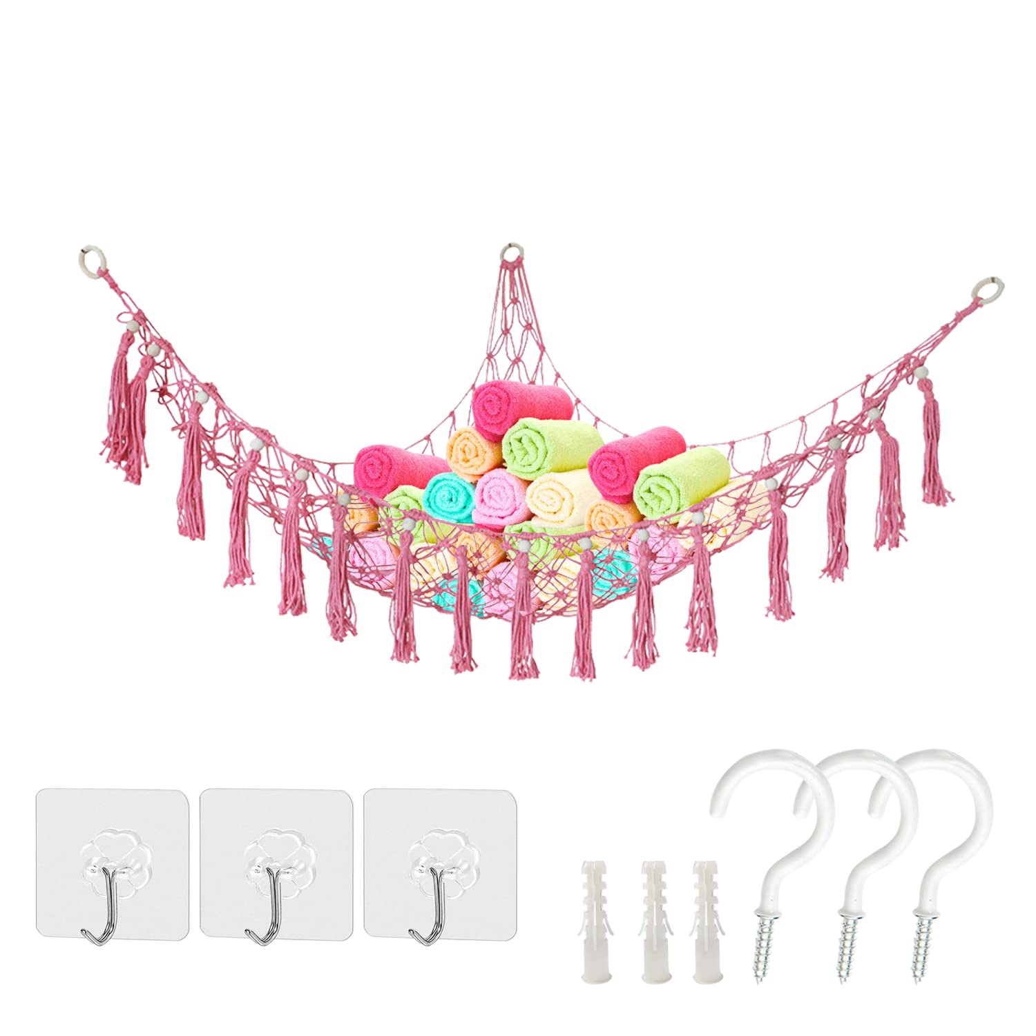 Toy Hammock Hanging Corner Net for Stuffed Animals Storage Corner Toy Corner Hammock Organizer Display Holder Net (Pink)