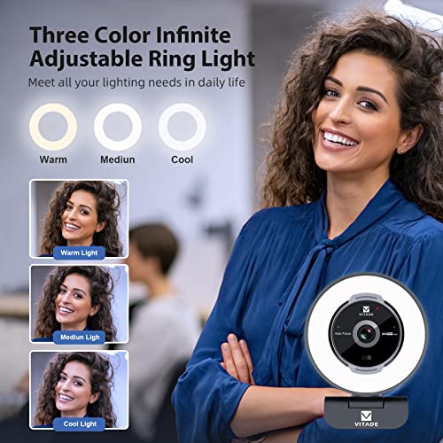 VITADE Zoomable Webcam with Remote Control, 1080P 60FPS Streaming Webcam with Adjustable Ring Light and Tripod, Pro USB 5X Digital Zoom Webcam for Zoom/Skype Teams/Laptop/Mac Windows