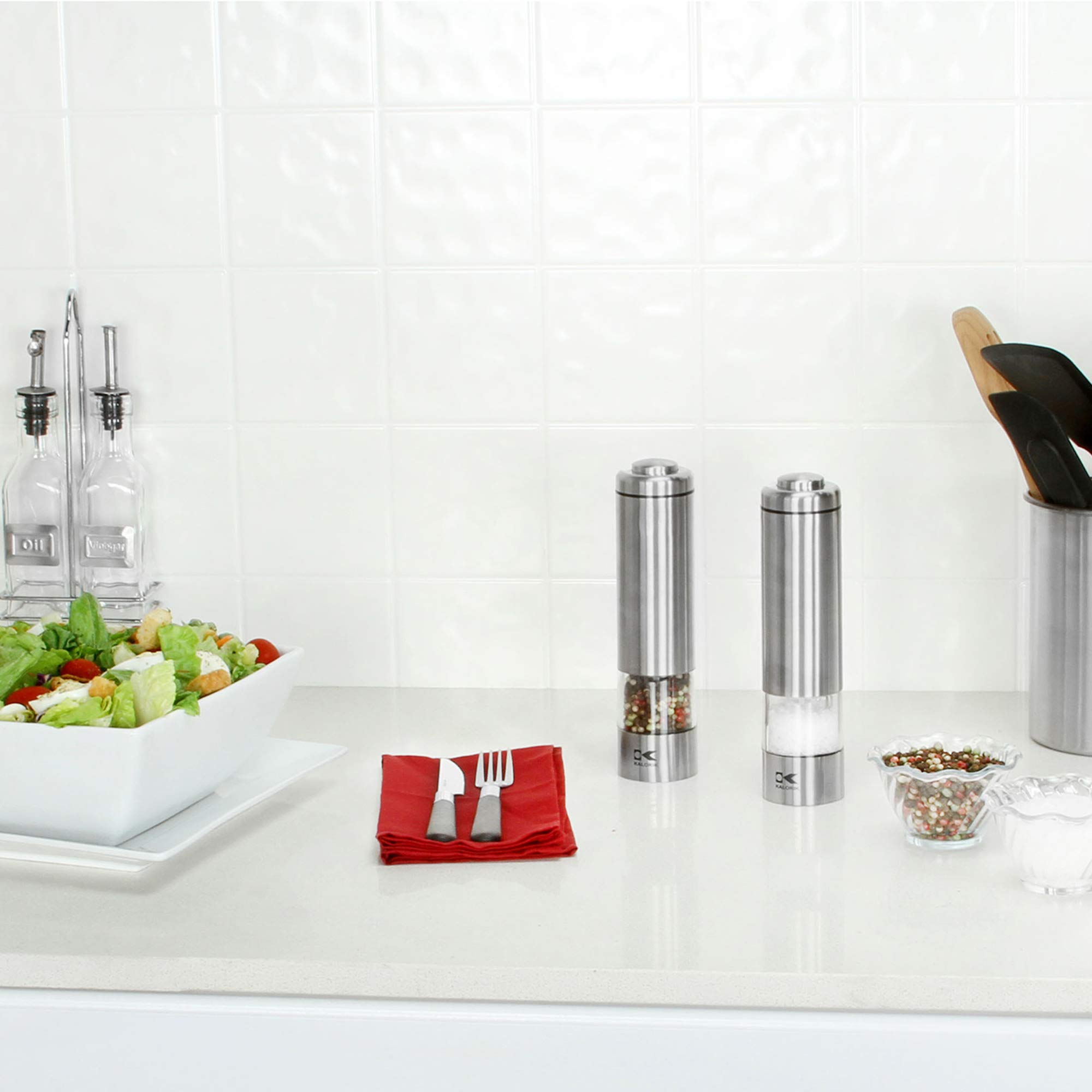 Kalorik Battery-Operated Salt-and-Pepper Grinder Set, Brushed Stainless Steel