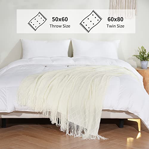 Yastouay Knitted Throw Blankets Soft Cozy Knit Blanket with Tassel Lightweight Breathable Fleece Blanket Decorative Blanket for Couch, Bed, Sofa, Travel and Farmhouse, 50"x60", Off White