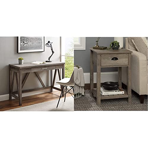 Walker Edison Rustic Farmhouse Wood Computer Writing Desk Home Office Workstation Small, 46 Inch, Grey & Farmhouse Square Side Accent Table Set-Living-Room Storage End Table, 18 Inch, Grey Wash