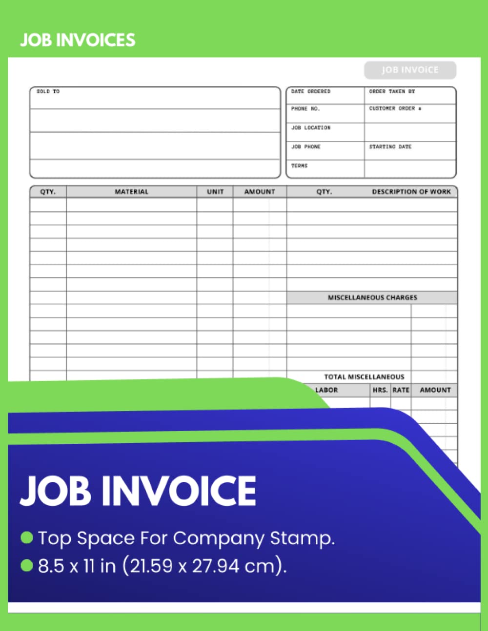 Job Invoice Forms: Work Invoice Book with Materials List perfect for little business, Service and Repair Billing, 60 Invoices, 8.5 x 11 in (21.59 x 27.94 cm)