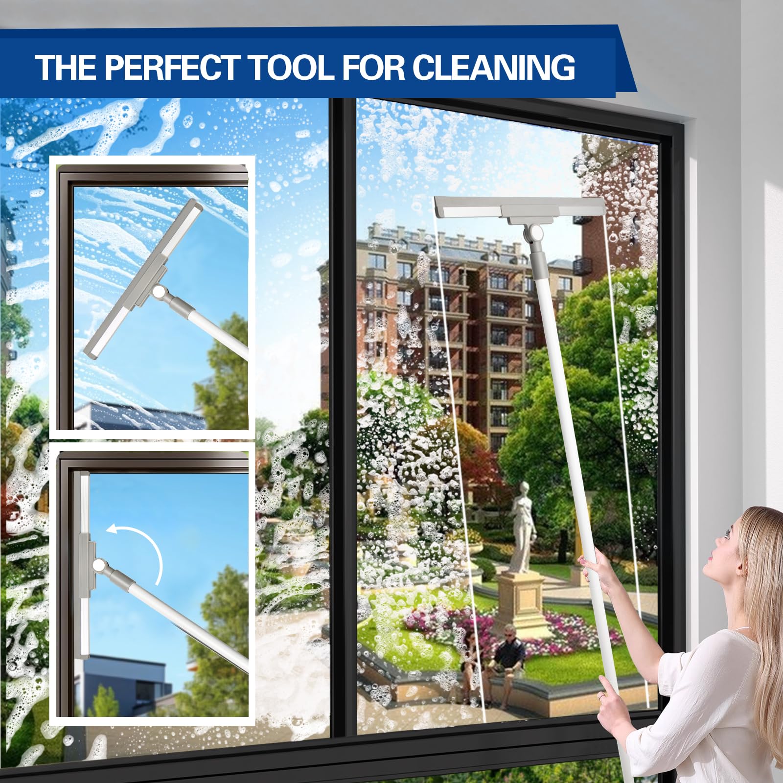 XXFLOWER Silicone Broom,Multifunction Magic Broom with Long Handle,Squeeze Broom Sweeping Water,Pet Hair Remover for Carpet,Kitchen,Bathroom Tile(Grey White)
