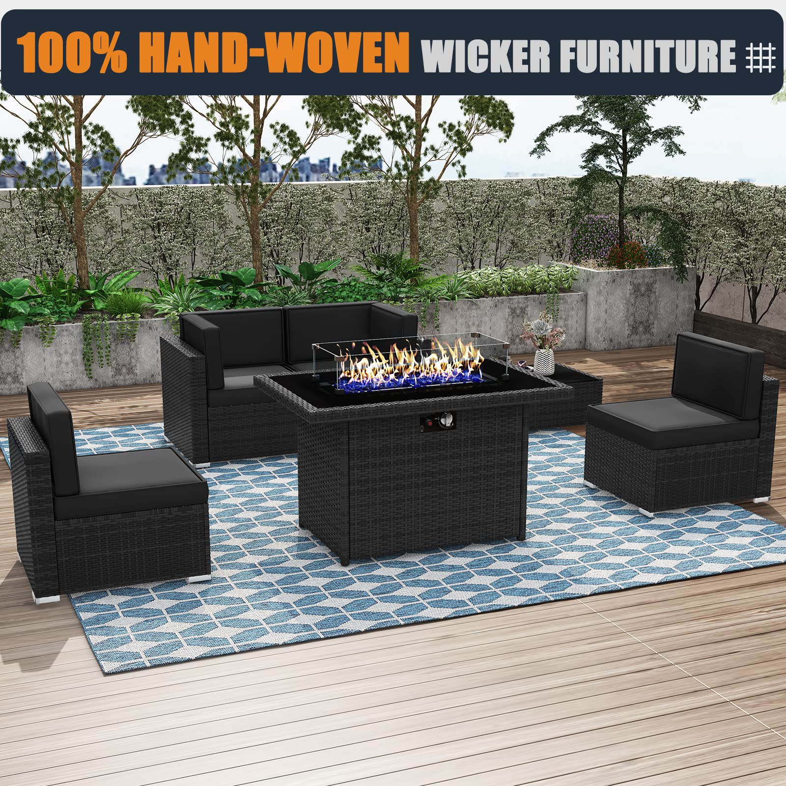 KHOLH 8 Pieces Patio Furniture Conversation Sofa Set with 44" Propane Gas Fire Pit Table, Outdoor Sectional Black Rattan Wicker Sofa Set