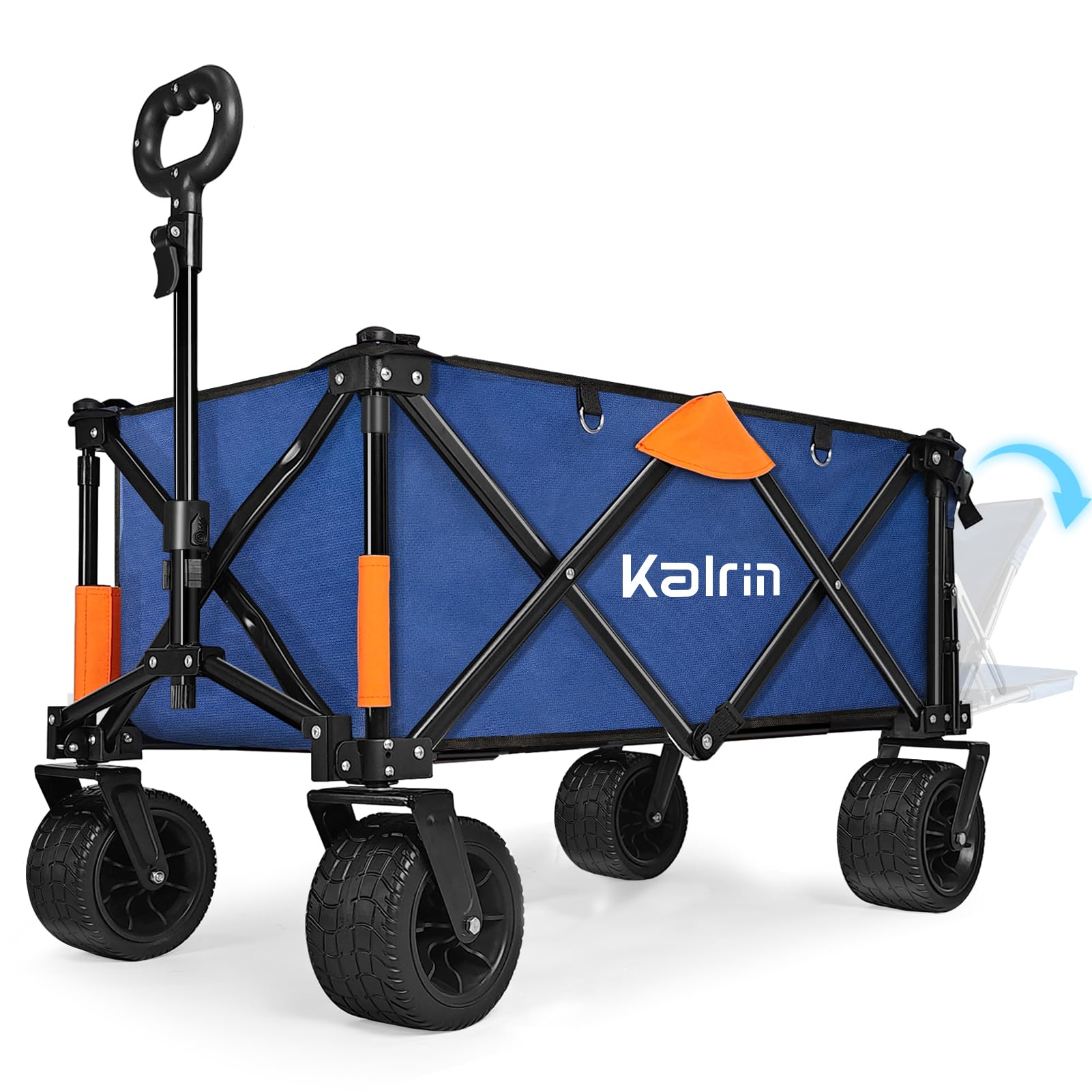Kalrin Collapsible Folding Wagon, 220lbs Portable Large Capacity Beach Wagon Cart with Opened Tailgate, Heavy Duty Utility Wagon with All-Terrain Wheels and Elastic Rope for Camping, Sports, 200L