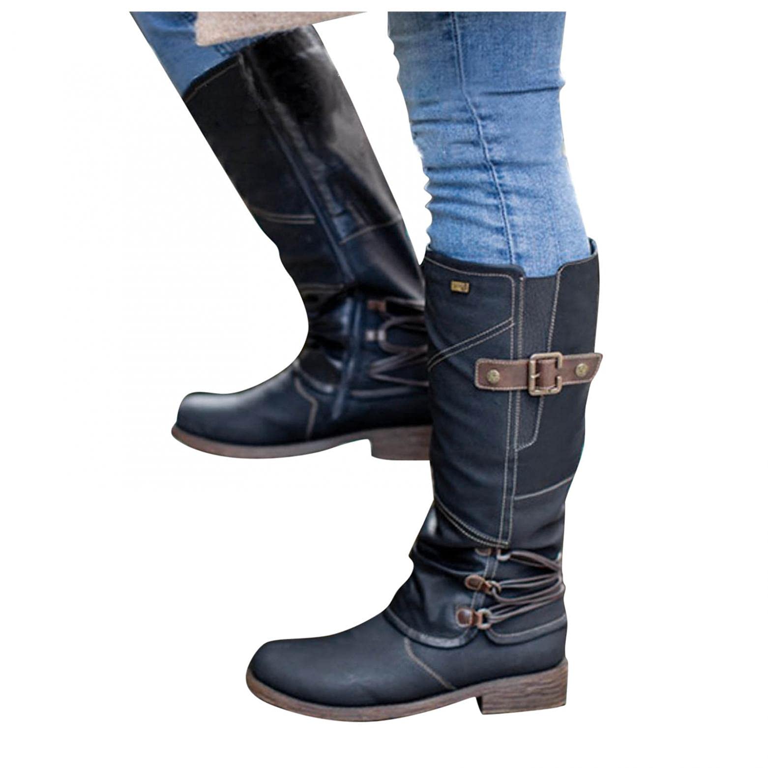 NOLDARES Women's High Heel Boots Vintage Cowboy Mid Calf Boots Zipper Pointed Toe Boots Pull On Chunky Heel Boots