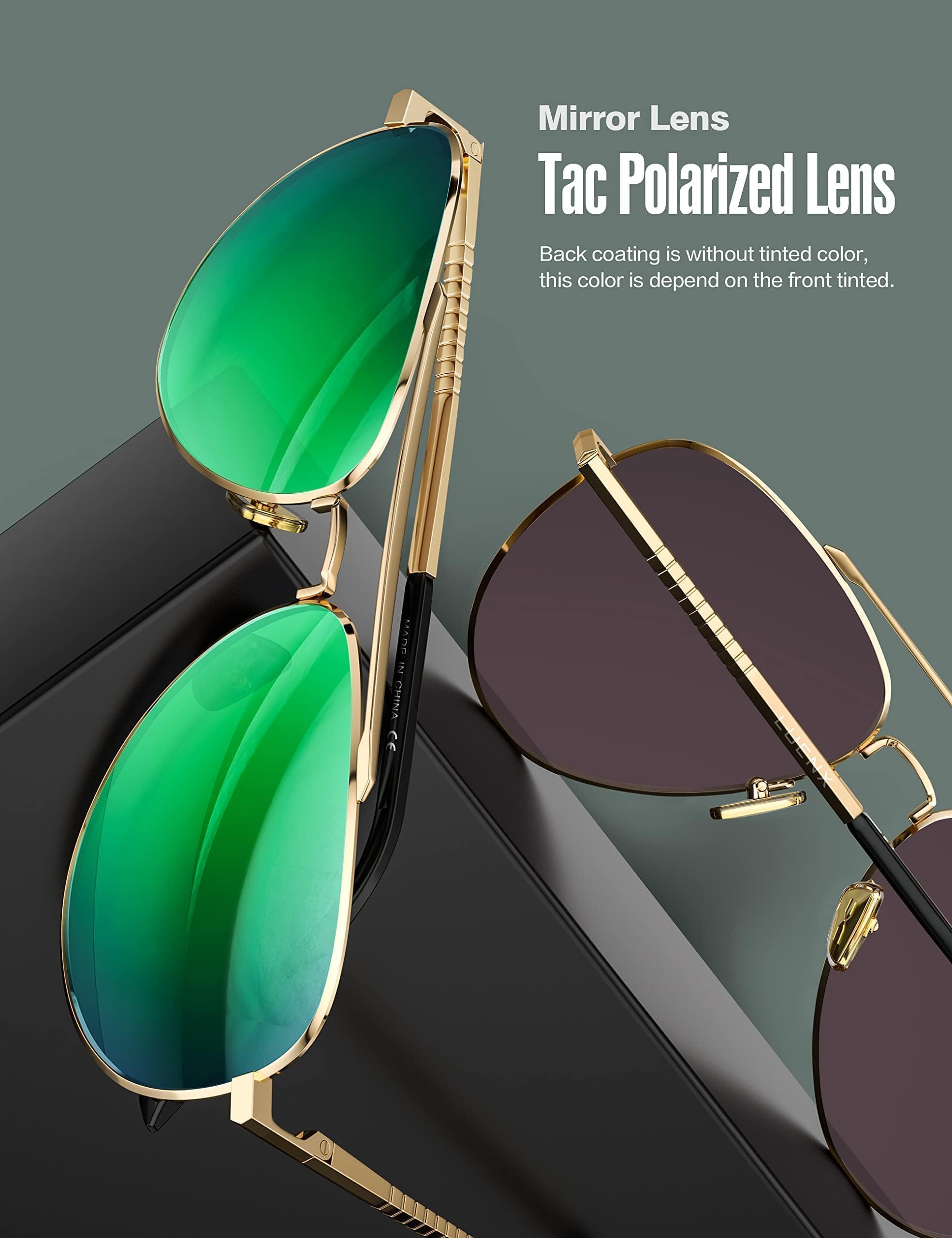 LUENX Men Aviator Sunglasses Polarized Womens Mirror Green Lens Metal Gold Frame Driving Shades Classic Style