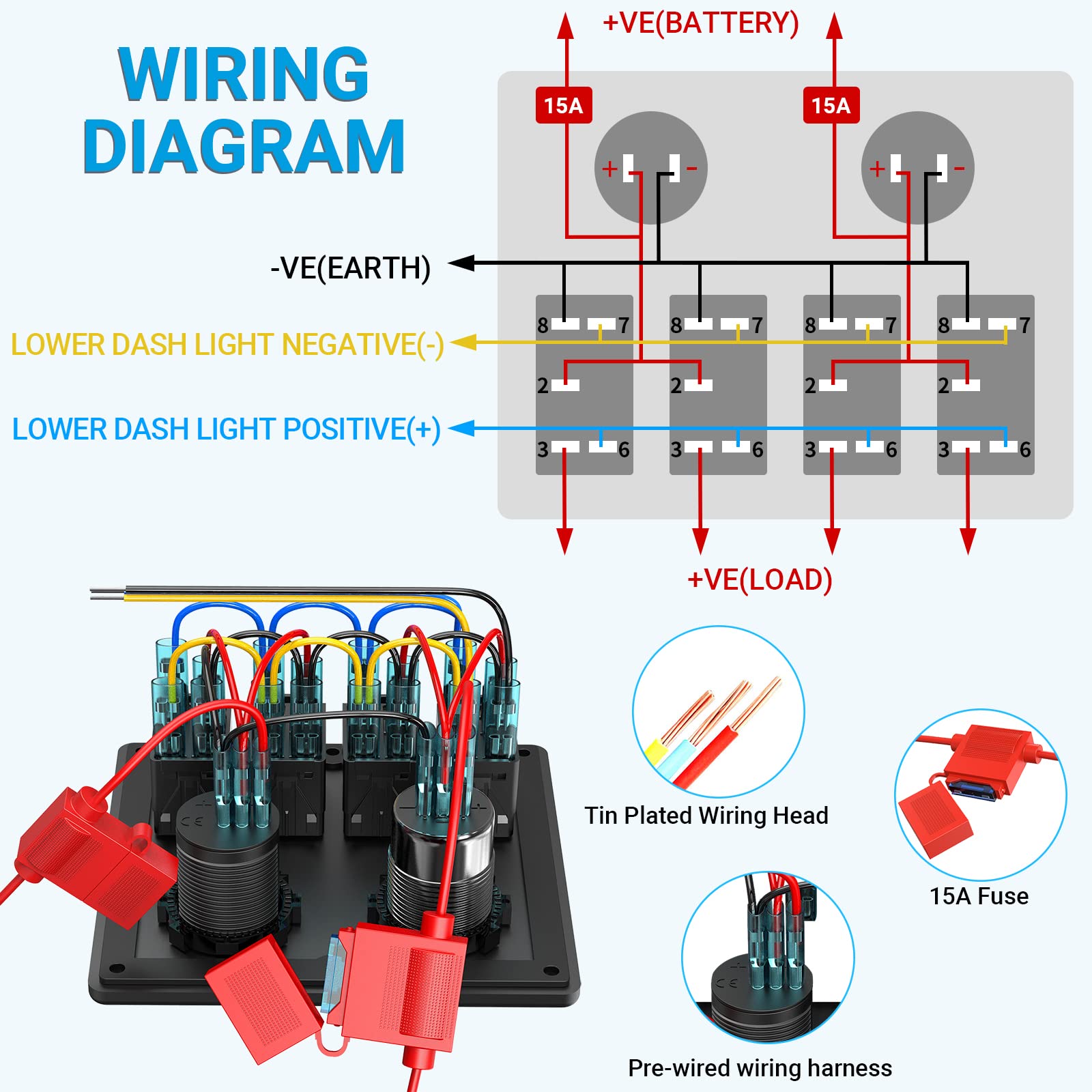 Ouffun 4 Gang Marine Boat Rocker Switch Panel, 12V Waterproof RV Led Switch Panel for for Car Truck RV Boat Aluminum Dual QC3.0 USB Charger Socket with LED Voltmeter Power Switch, 150W DC Power Socket
