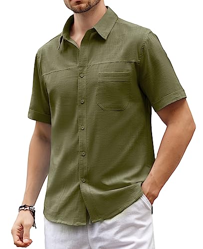 Makkrom Men's Casual Linen Button Down Shirt Guayabera Short Sleeve Summer Beach Shirt Army Green