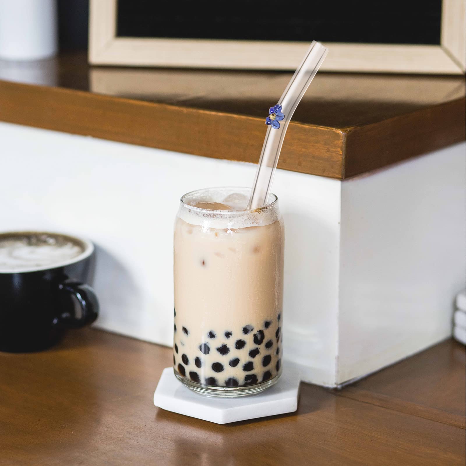 Reusable Glass Straw with Flower,Shatter Resistant Bend Glass Straws with Design Flower Decorative Cocktails Bar Accessories with Cleaning Brush (16)