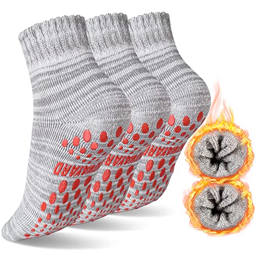 NOVAYARD 3 Pairs Slipper Socks Thick Wool Socks Non Slip Hospital Grip Cozy Socks Men Women(Grey,Large)