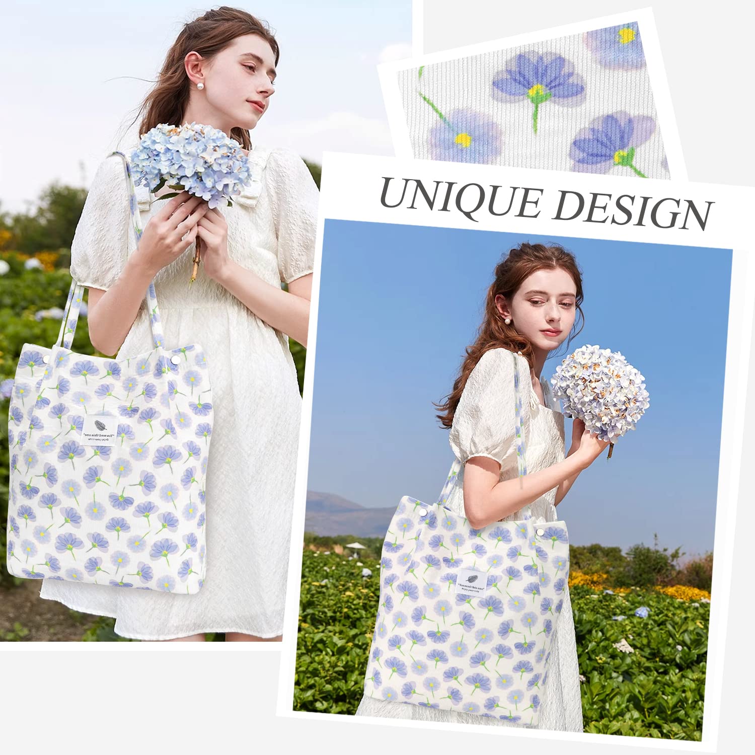LHMTQVK Corduroy Tote Bags for Women, Large Capacity Corduroy Bag Reusable Grocery Shoulder Bag with Inner Pockets(Forget Me Not)