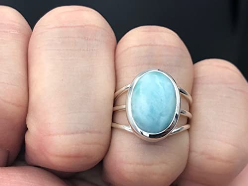 Larimar Oval Shape Gemstone ring Gemstone Rings 925 Sterling Silver Rings Daily Wearable Rings Gift for her Engagement Rings Wedding Ring -1219 (7.5)