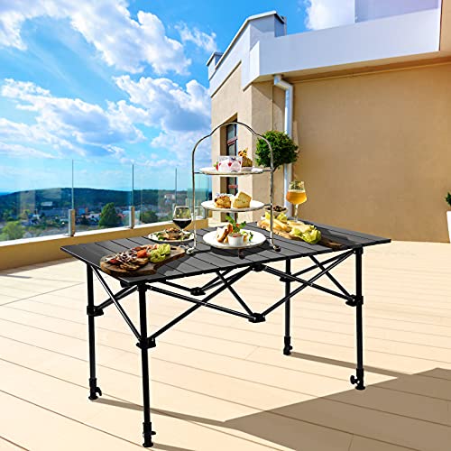 Night Cat Camping Table with Storage Basket Foldable Picnic Table for Outdoor Indoor Lightweight Rustless Adjustable Height 1.7-3ft BBQ Garden Backyard 75KG 37x22in