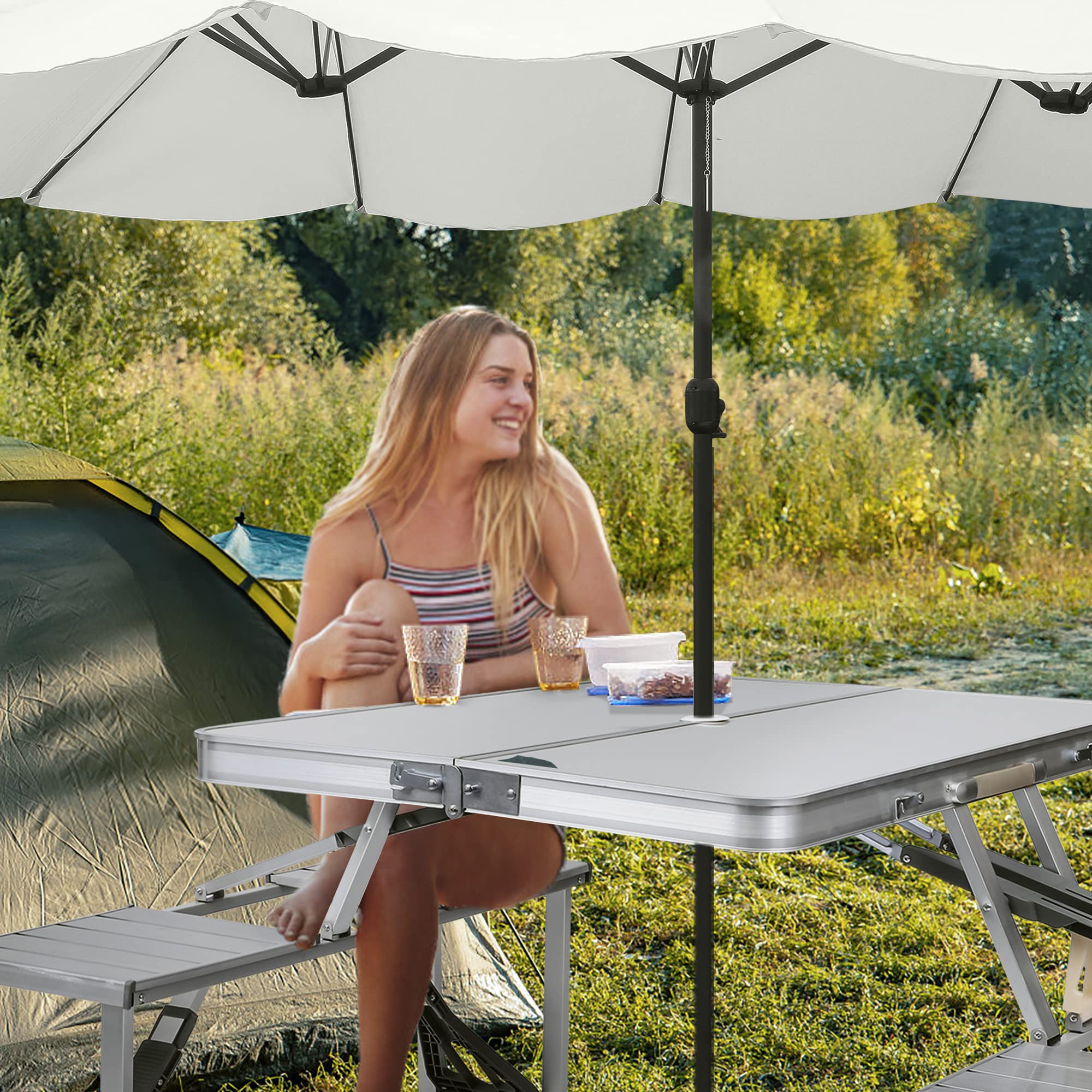 Koreyosh Folding Camping Table Chair Set, Aluminum Suitcase Portable Camping Picnic Table with 4 Seats,Umbrella Hole for Party, BBQ, Beach(Silver)