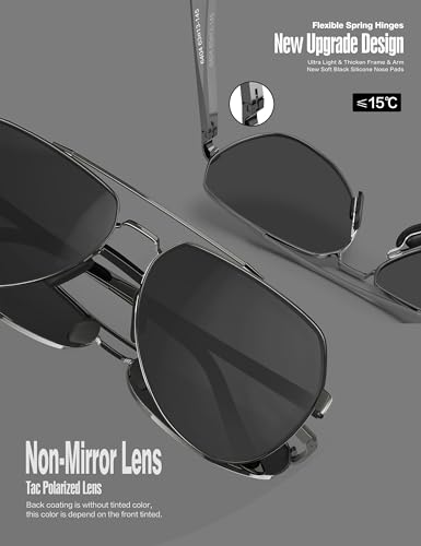 LUENX Men Women Aviator Sunglasses Polarized Shades Flexible Spring Hinge - Black Lens Gunmetal Metal Frame 60mm