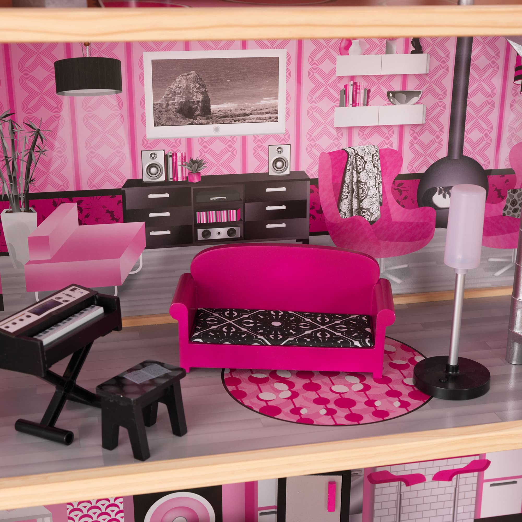 KidKraft Sparkle Mansion Wooden Dollhouse with Lights & Sounds, Swimming Pool, Balcony, Elevator and 30 Accessories, Pink, Gift for Ages 3+, Amazon Exclusive