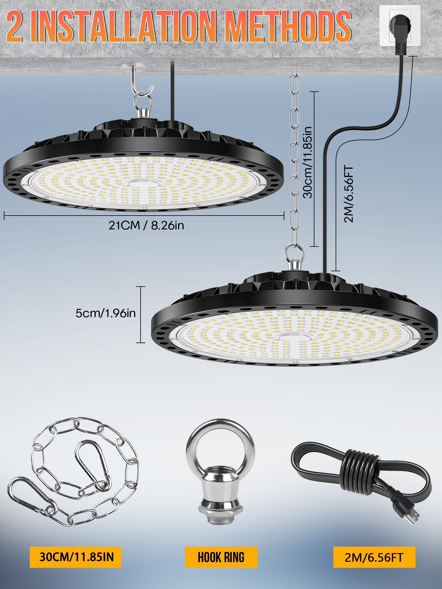 UFO LED High Bay Light - 10 Pack 200W 28000LM High Bay LED Light with US Plug 6.56FT Cable and LED Transformer, 7000k Daylight LED Shop Lights for Workshop for Garage, Factory, Workshop, Barn, Shop