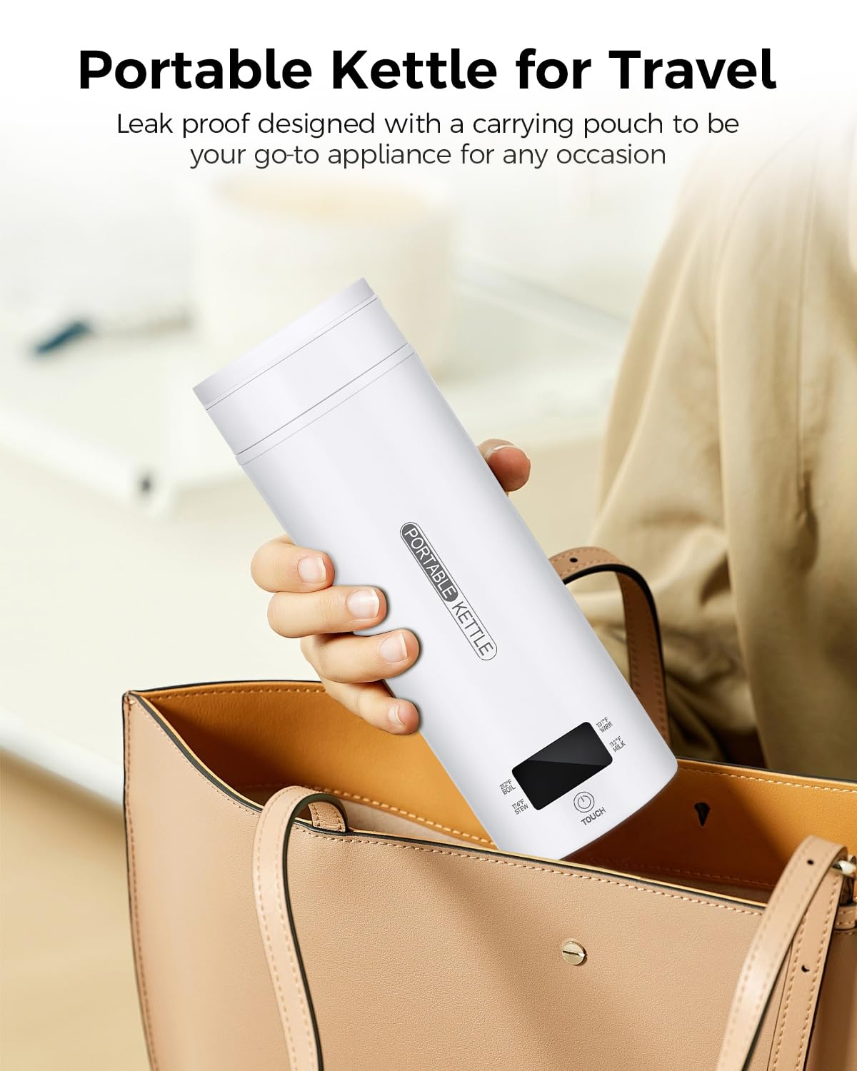 Travel Portable Electric Kettle, Small Mini Coffee Tea Kettle with 4 Temperature Settings, Fast Boiling Hot Water with Auto Shut-off, Stainless Steel, 17oz, White
