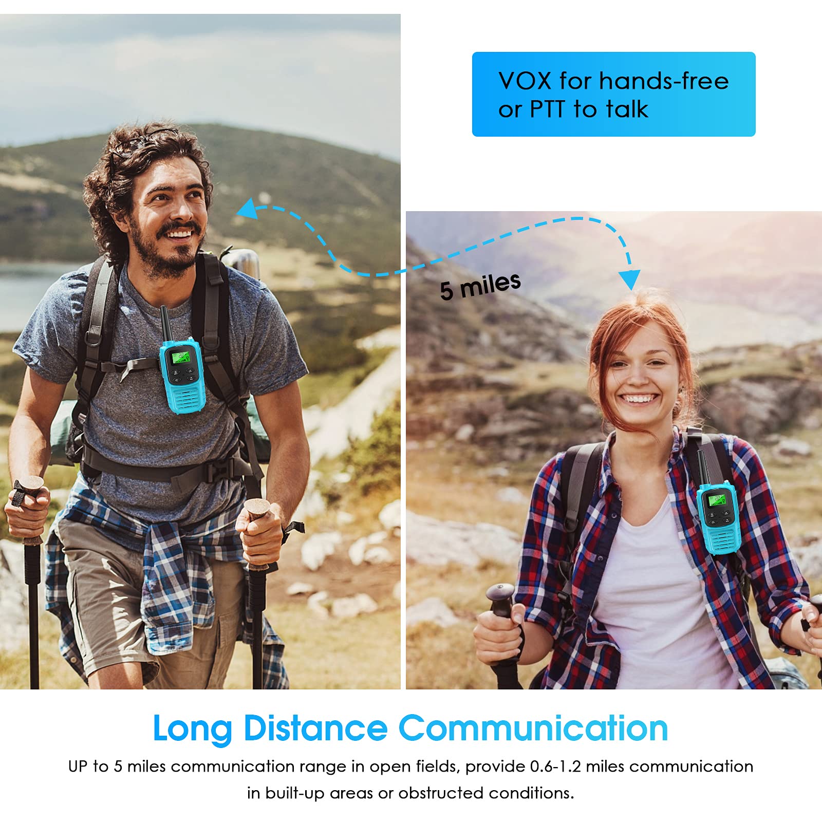 LEETEL Walkie Talkie with 22 FRS Channels, Long Range Walkie Talkies for Adults with VOX Scan LED Flashlight for Family Activities Hiking Camping Trip (Blue 2 Pack)