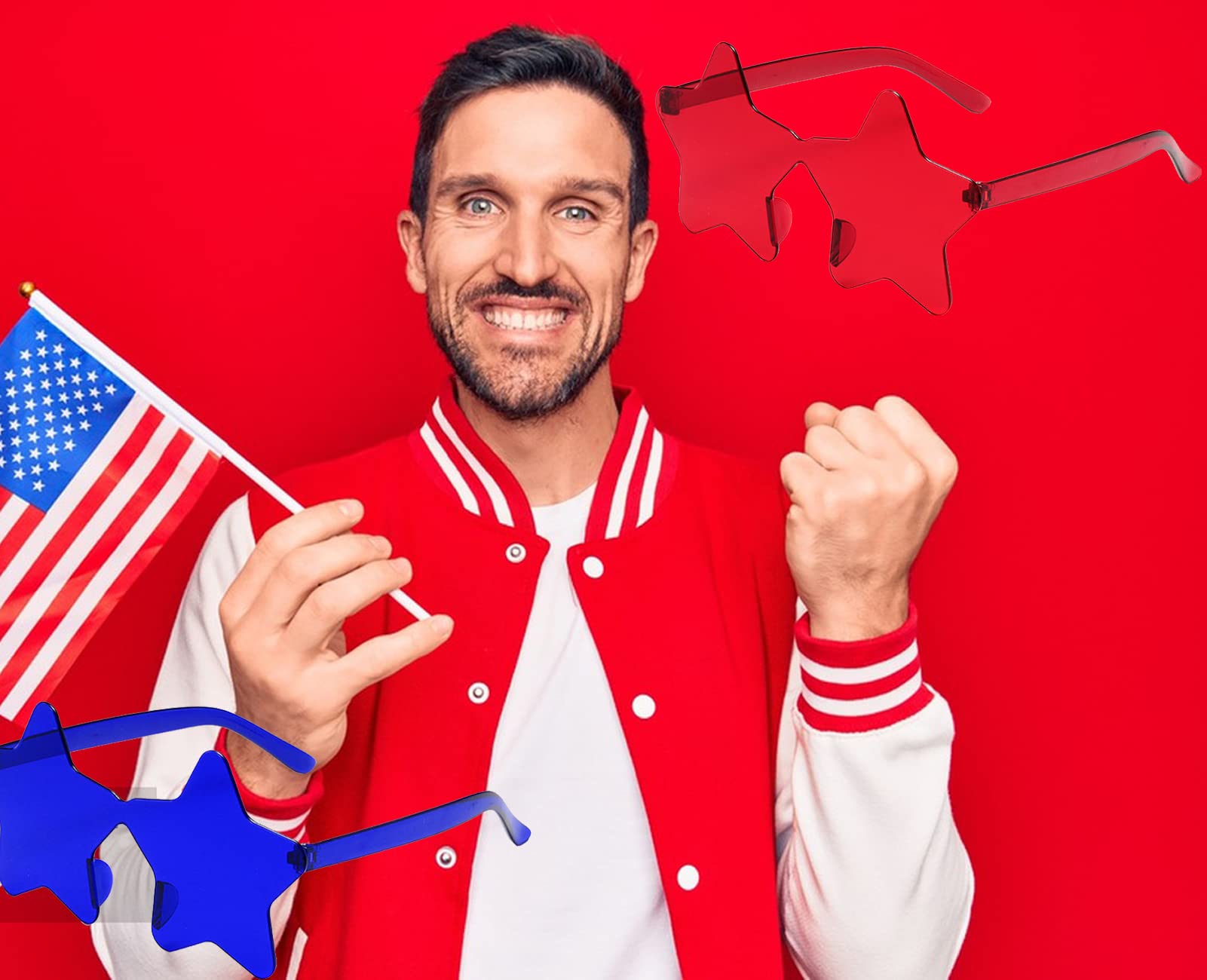 QXBXYHM 6 Pcs Independence Day Star Shaped Rimless Sunglasses Transparent Pentagram Glasses 4th of July Red White Blue Disco Glasses