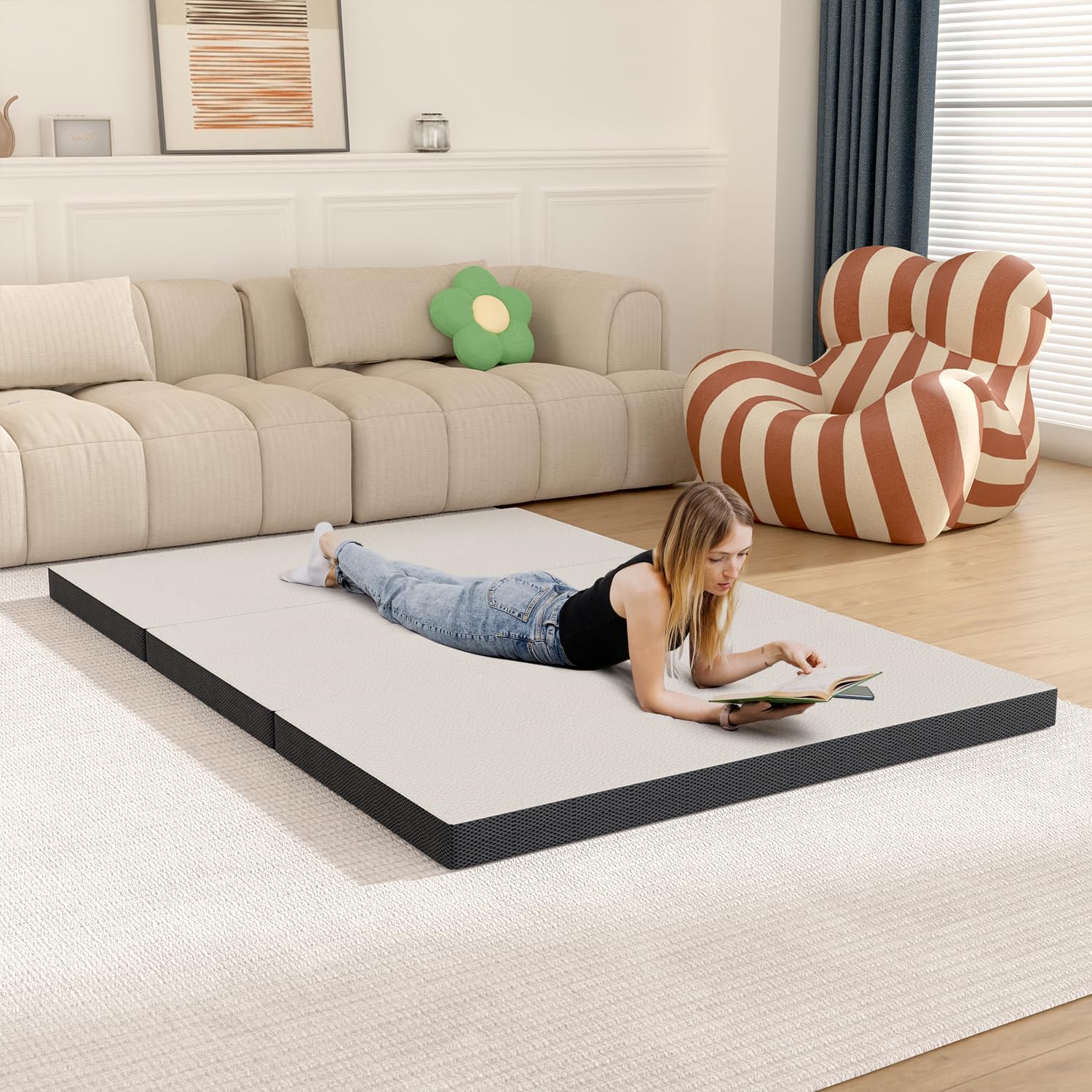 YRLLENSDAN High-Density Foam Folding Mattress Twin Size, Trifold Portable Mattress, Twin Memory Foam Mattress with Non-Slip Bottom, Ideal for Camping, Guest Bed, Floor Bed, Easy Storage (3in, Twin)