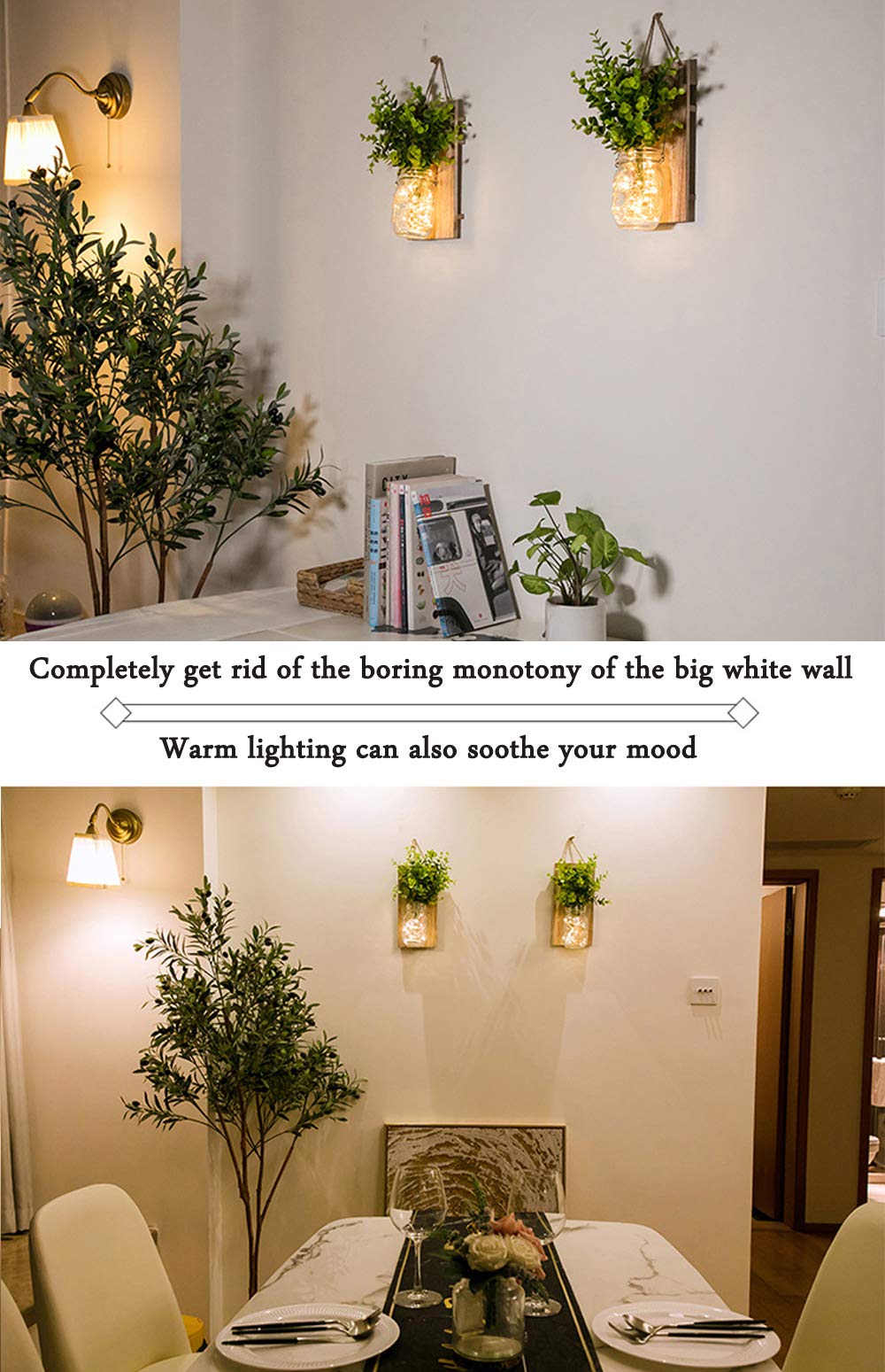 Mason Jar Lights, (Remote Control) Sconces Rustic Wall Decor - Hanging lamp LED Fairy Lights with Green Plant for Interior, Home, Room, Office, Kitchen, Bathroom Decoration Living (2PCS, Warm Light)