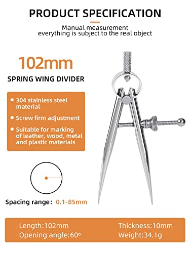 WUTA Spring Wing Divider 304 Stainless Steel Precision Scriber Caliper Tool Metal Dividers Adjustable Spacing Compass High Polished Round Leg for Drawing Circles, Leather Craft, Jewelry Design (Small)