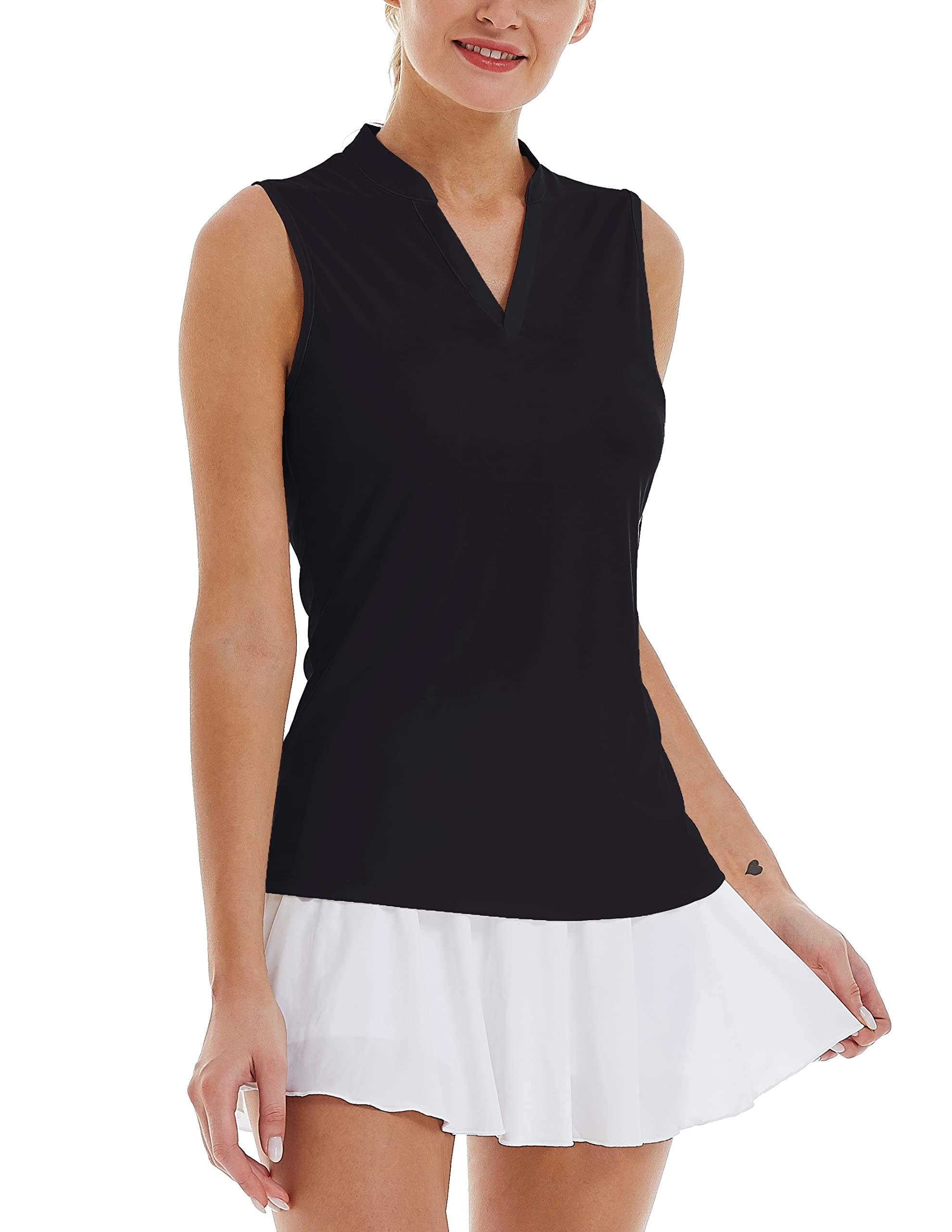LastFor1 Women's Golf Sleeveless Polo Shirts UPF 50+ V Neck Athletic Tank Tops Outdoor Sports Quick Dry Moisture Wicking Black S
