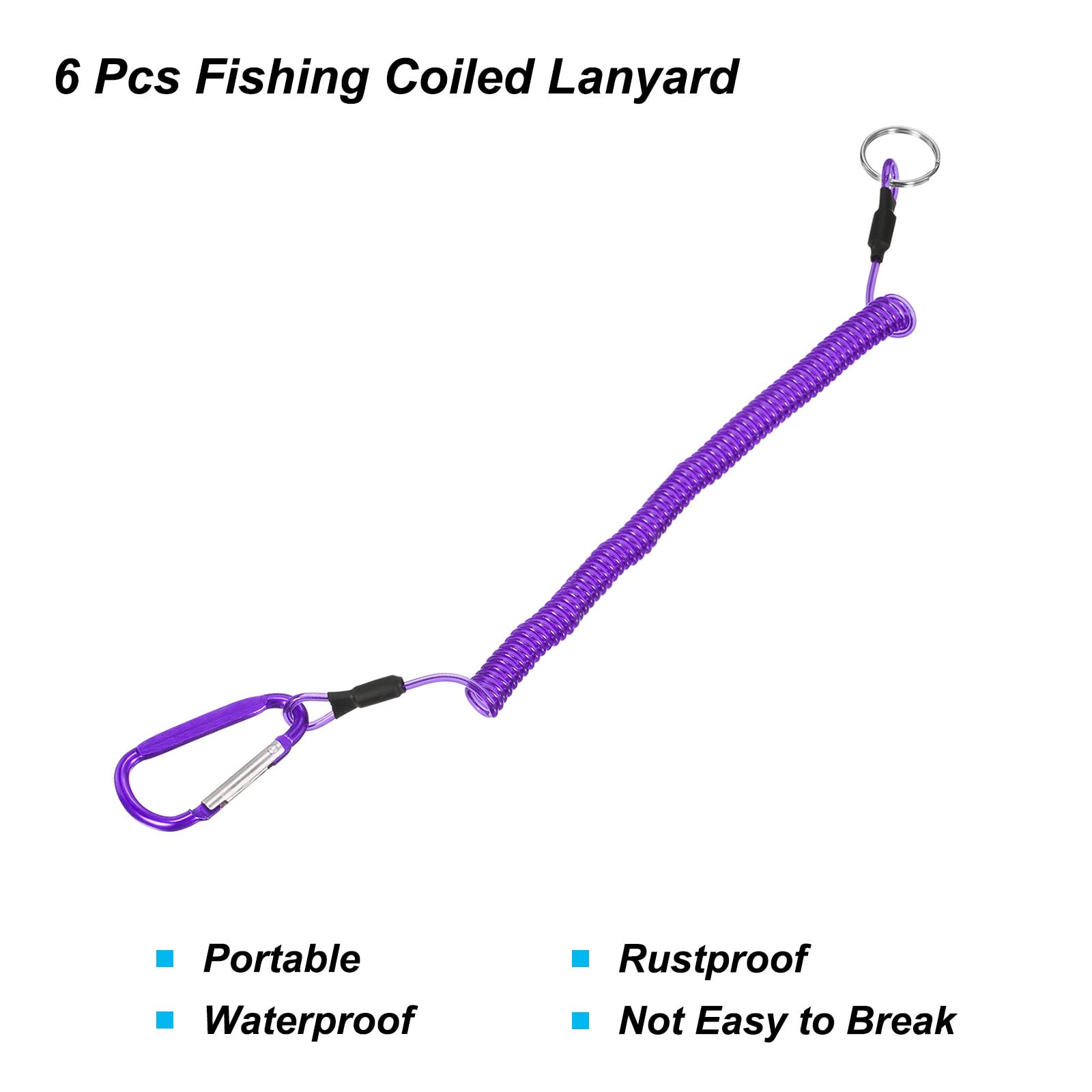 PATIKIL 6.6ft Fishing Tool Lanyard, 6 Pack Safety Cord Spiral Lanyard Tether Retractable with Metal Clip Keychain for Boating Kayak, Purple